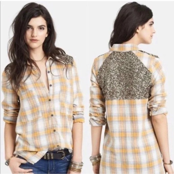 Free People | Tops | Free People Yellow Plaid Sequins Button Down ...